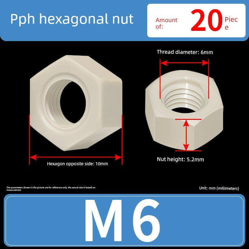 Пластиковая шестигранная гайка PPH M6 устойчивая к коррозии, 20 шт. для сборки