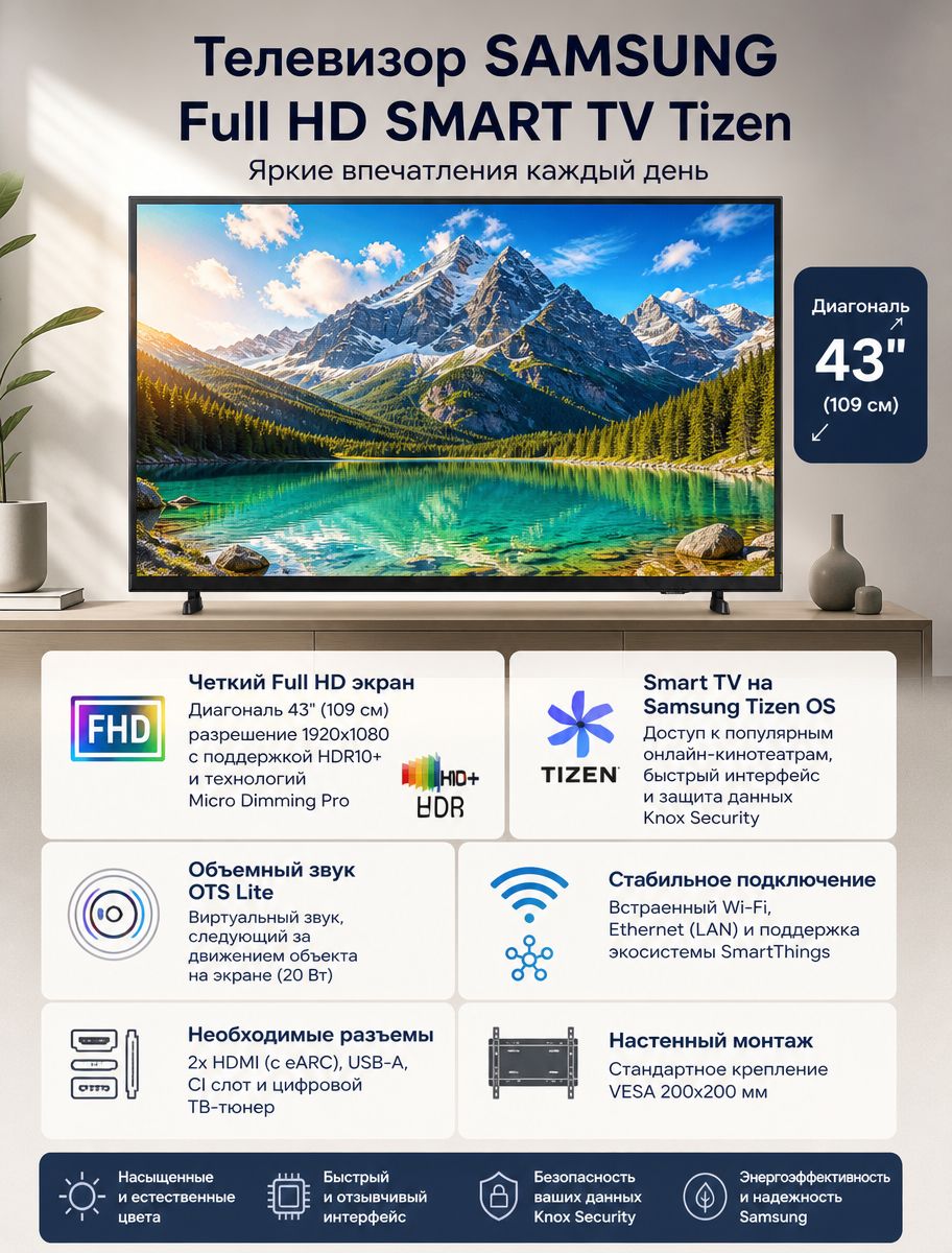 Телевизор Samsung UE43F6000FUXRU 43" Full HD, Smart TV, черный