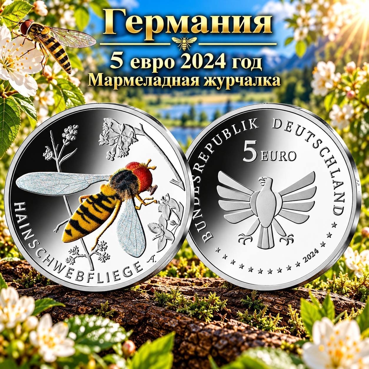 Германия 5 евро, 2024 Удивительный мир насекомых - Мармеладная журчалка