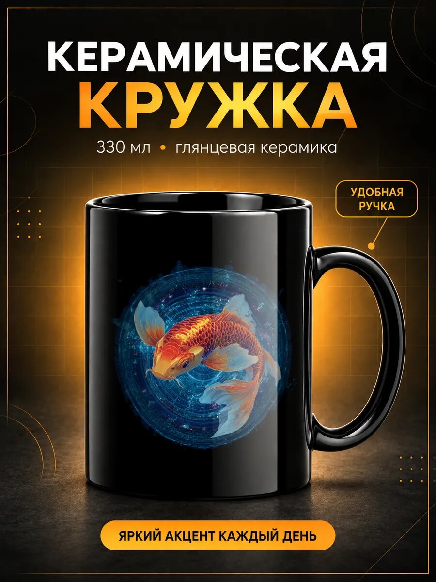 Кружка керамическая TOP CUP, Золотой карп, чёрная, 330 мл, для чая и кофе