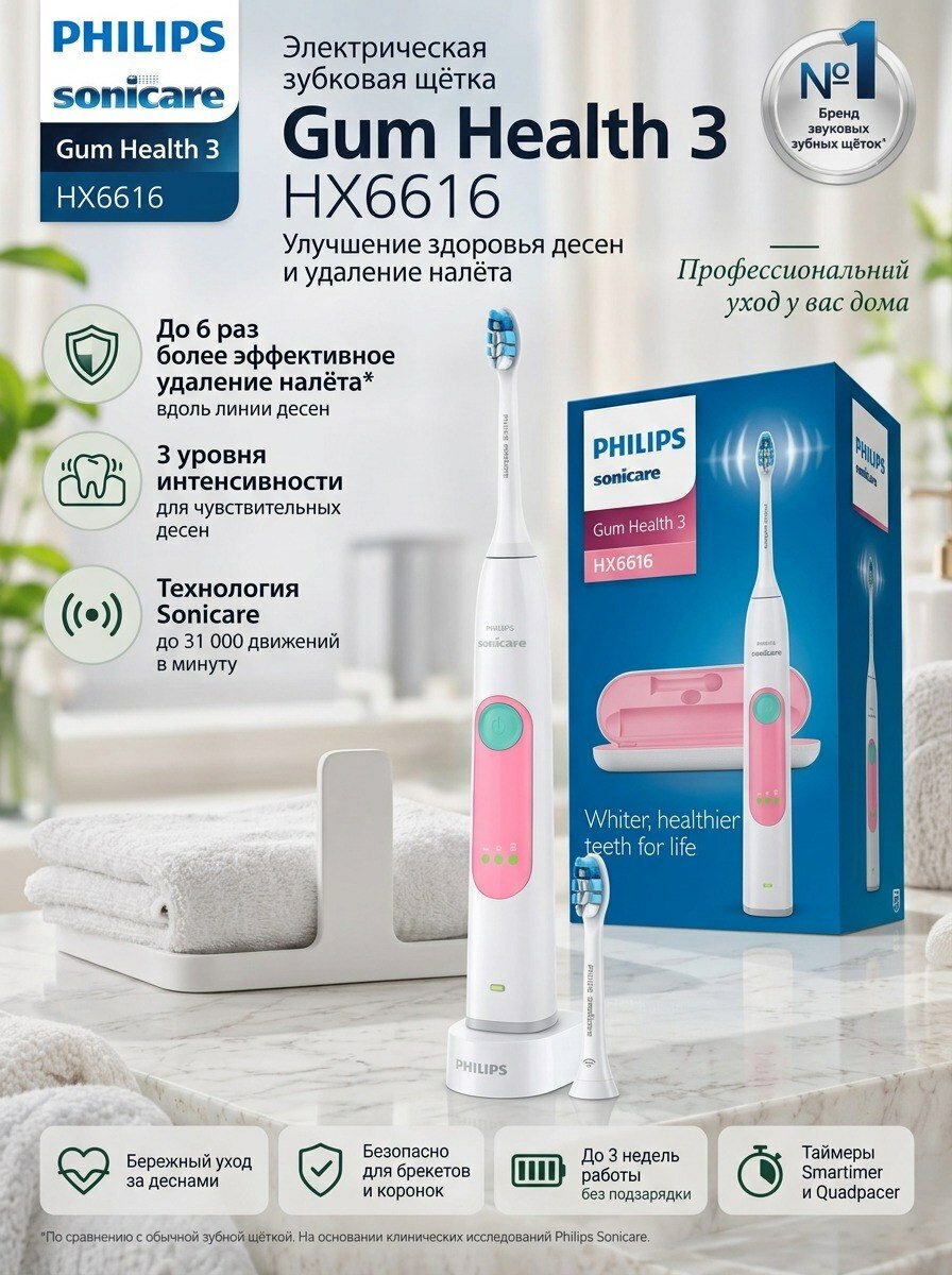 Электрическая зубная щётка Philips Sonicare GumHealth 3 series HX6616 белый/розовый, 3 уровня интенсивности, зарядная база, версия CN