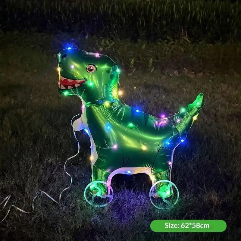 Шарик-динозавр зеленый с колесами и LED, 62*58см