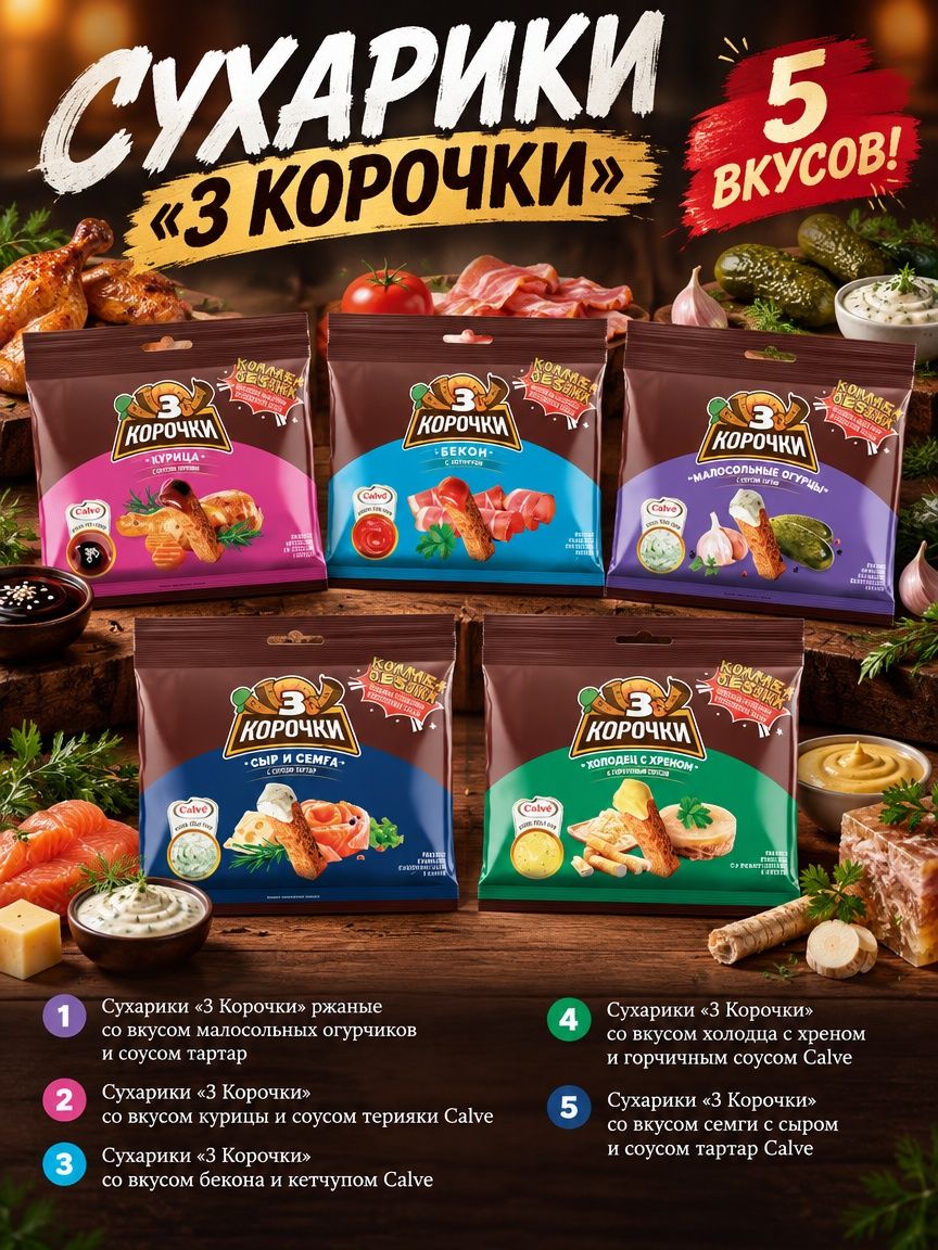 Сухарики 3 корочки , ассорти 5 вкусов
