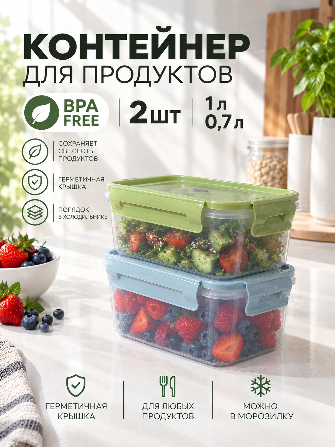 Набор контейнеров для еды и хранения продуктов 2 шт Ангора с защелками 700 мл + 1000 мл оливковый/индиго