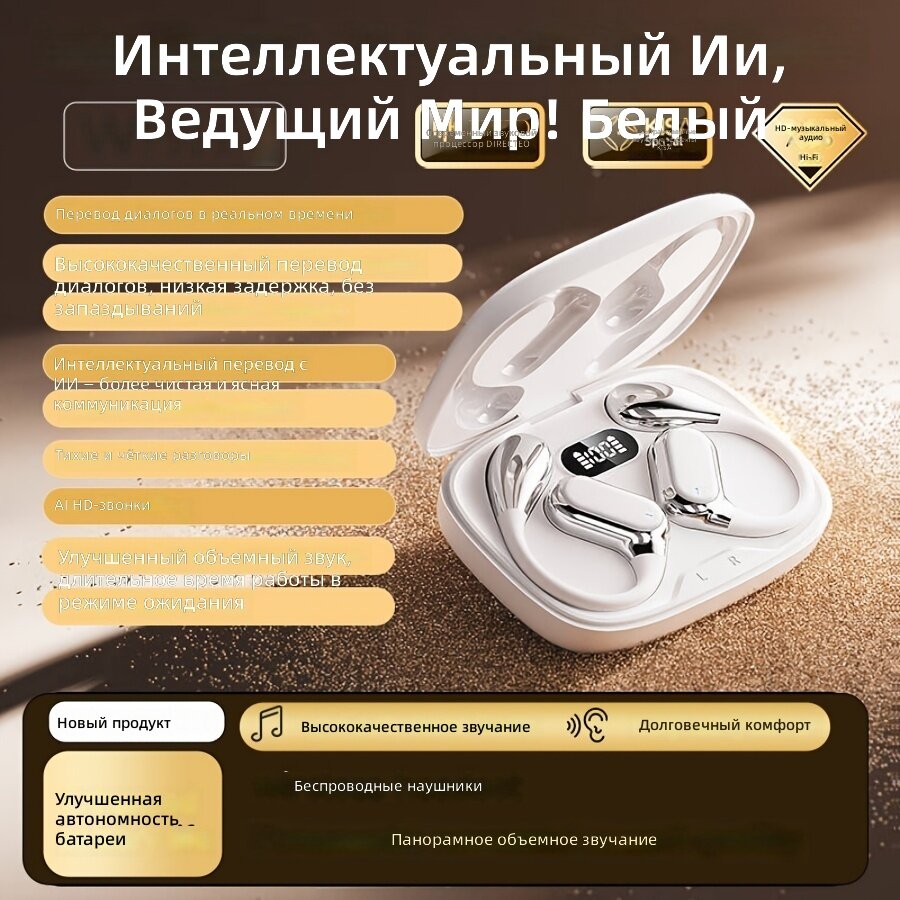 Беспроводные наушники с многоязычным переводом в реальном времени и двухмикрофонным шумоподавлением, белые