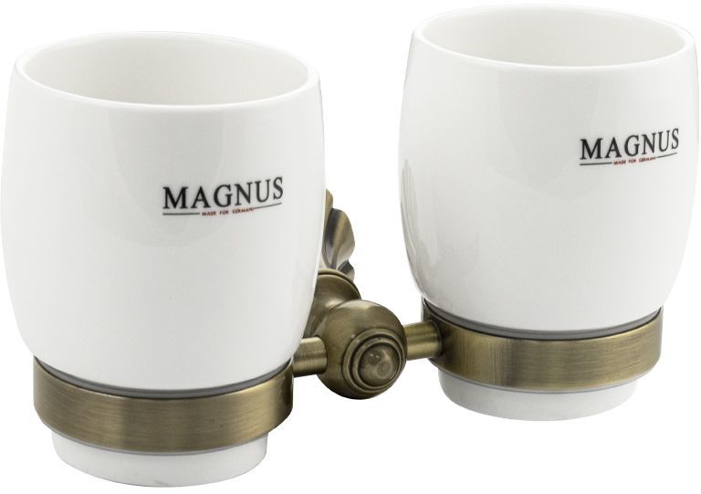 Двойной держатель стаканов для ванной MAGNUS с латунным креплением к стене. Цвет бронза. Два керамических стакана в комплекте.