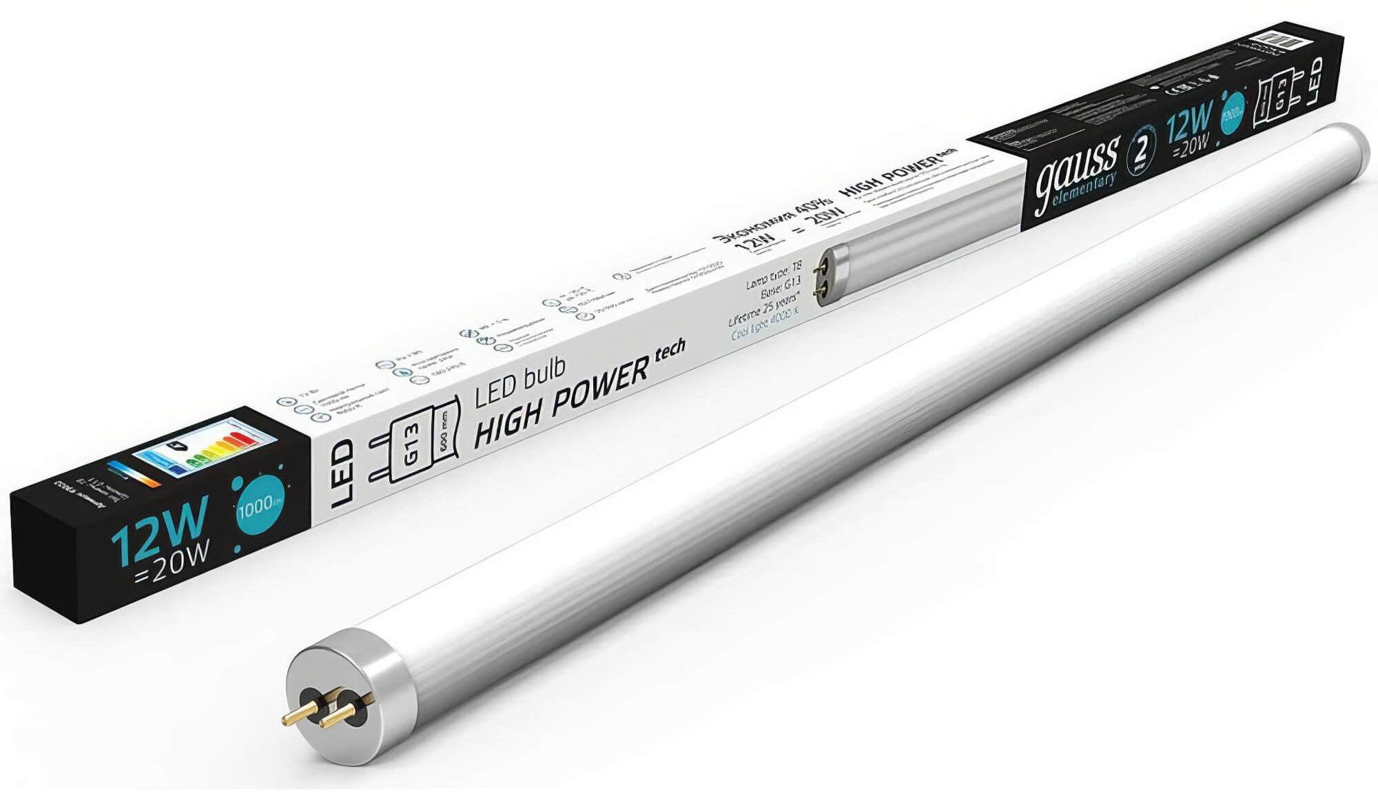 Лампа Gauss Elementary T8, 12W, 1000lm, 4000K, G13, 600mm, стекло, LED, 1/20 93022