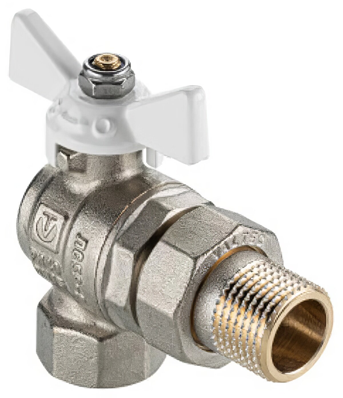 Кран шаровой латунный Valtec base-ГОСТ 1/2 ВР(г) х 1/2 НР(ш) бабочка со сгоном угловой (VT.228S. NW.04)