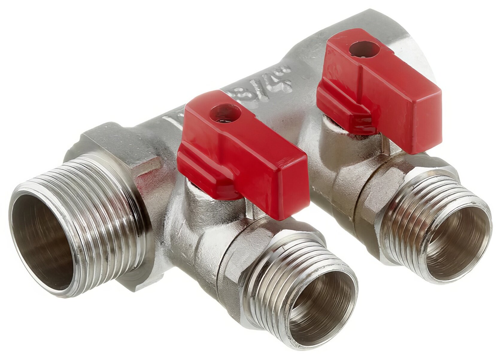 Коллектор Valtec 3/4 ВР(г) х 2 выхода 1/2 НР(ш) х 3/4 НР(ш) с шаровыми кранами (VTc.580. N.0502)