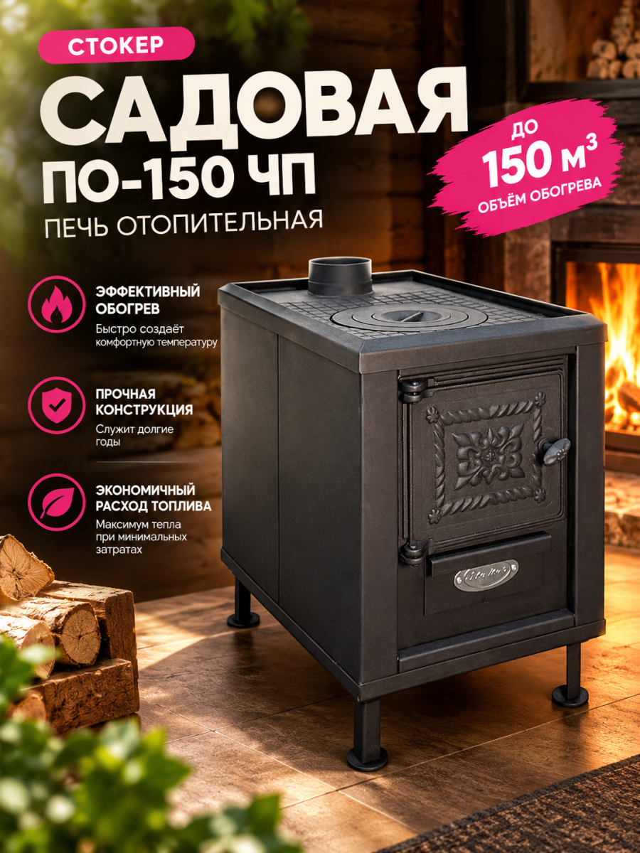 Печь отопительная Ермак "Садовая ПО-150", с чугунной дверцей, с плитой, 150м3