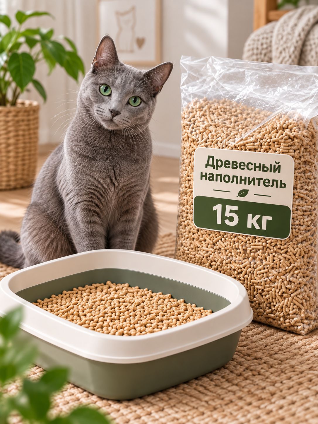 Наполнитель древесный впитывающий кошачий 15 кг