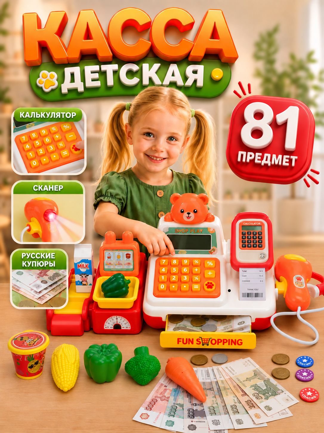 Касса детская игрушечная со сканером и терминалом и чеком