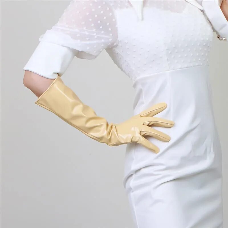 Женские латексные перчатки из лакированной кожи, длиной 40 см Белый, shine dark beige