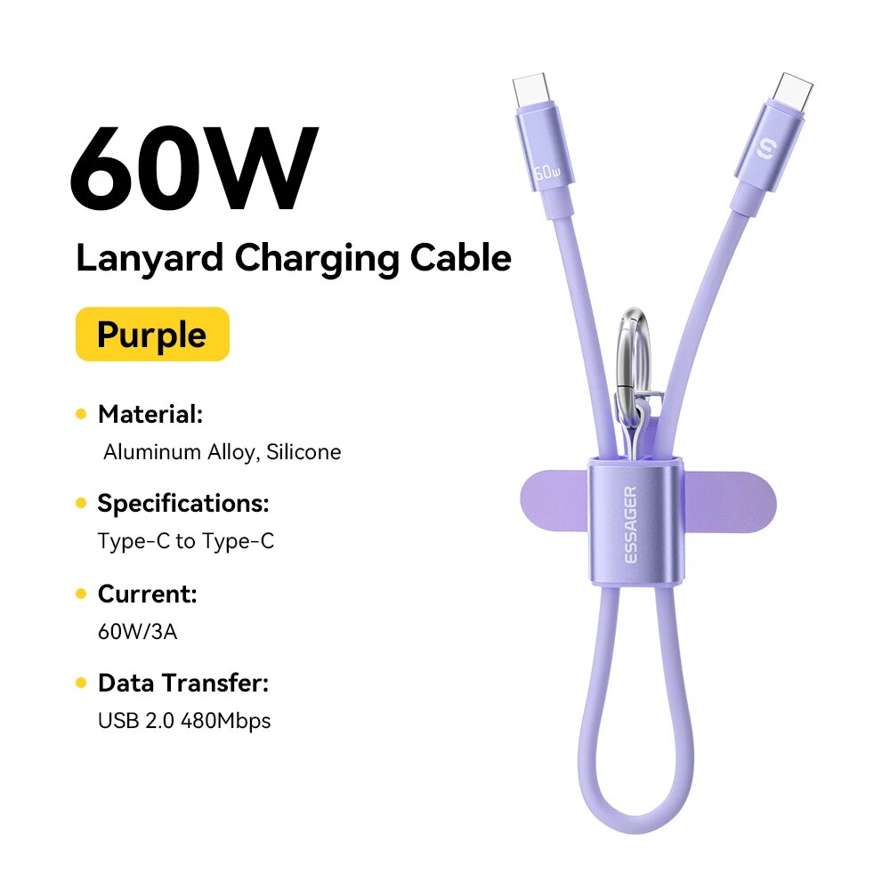 Кабель для зарядки Essager 60W USB Type-C с ремешком, короткий, для Samsung S25 S24, 60W Purple 0.3M