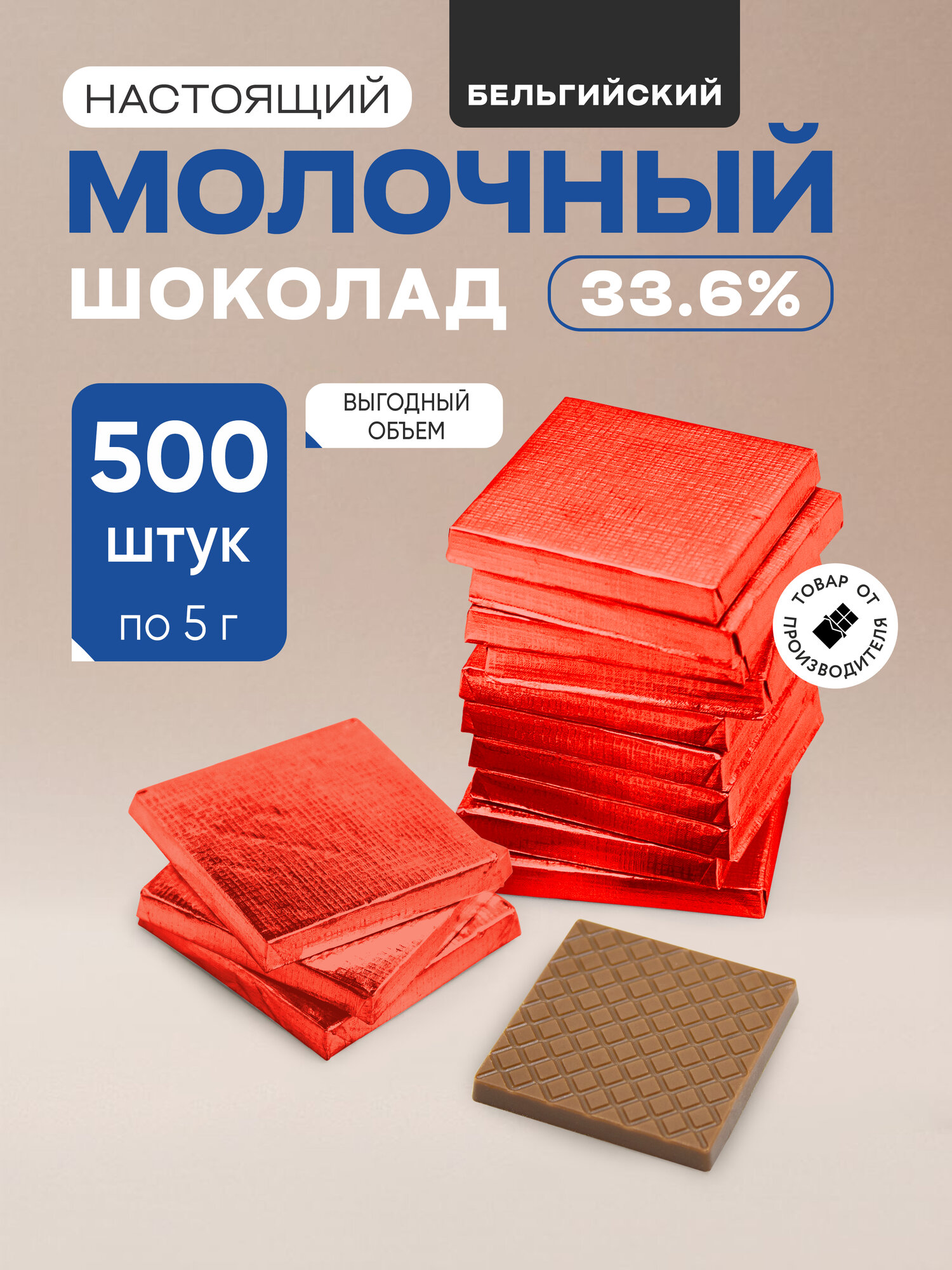Плитки 5 г из молочного шоколада (33,6%) в красной фольге, 500 шт