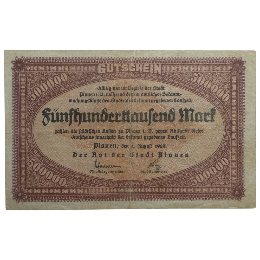 Германия (Веймарская республика) Плауэн 500000 марок 1923 г. (ВЗ - Wellenbudel)