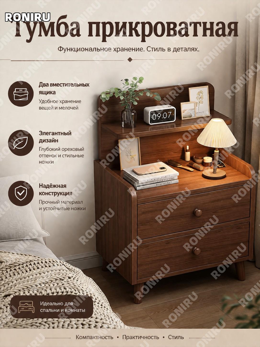 Тумба прикроватная с двумя ящиками, глубокий орех 40×34×69,8 см с ножками для спальни с удобным хранением дома