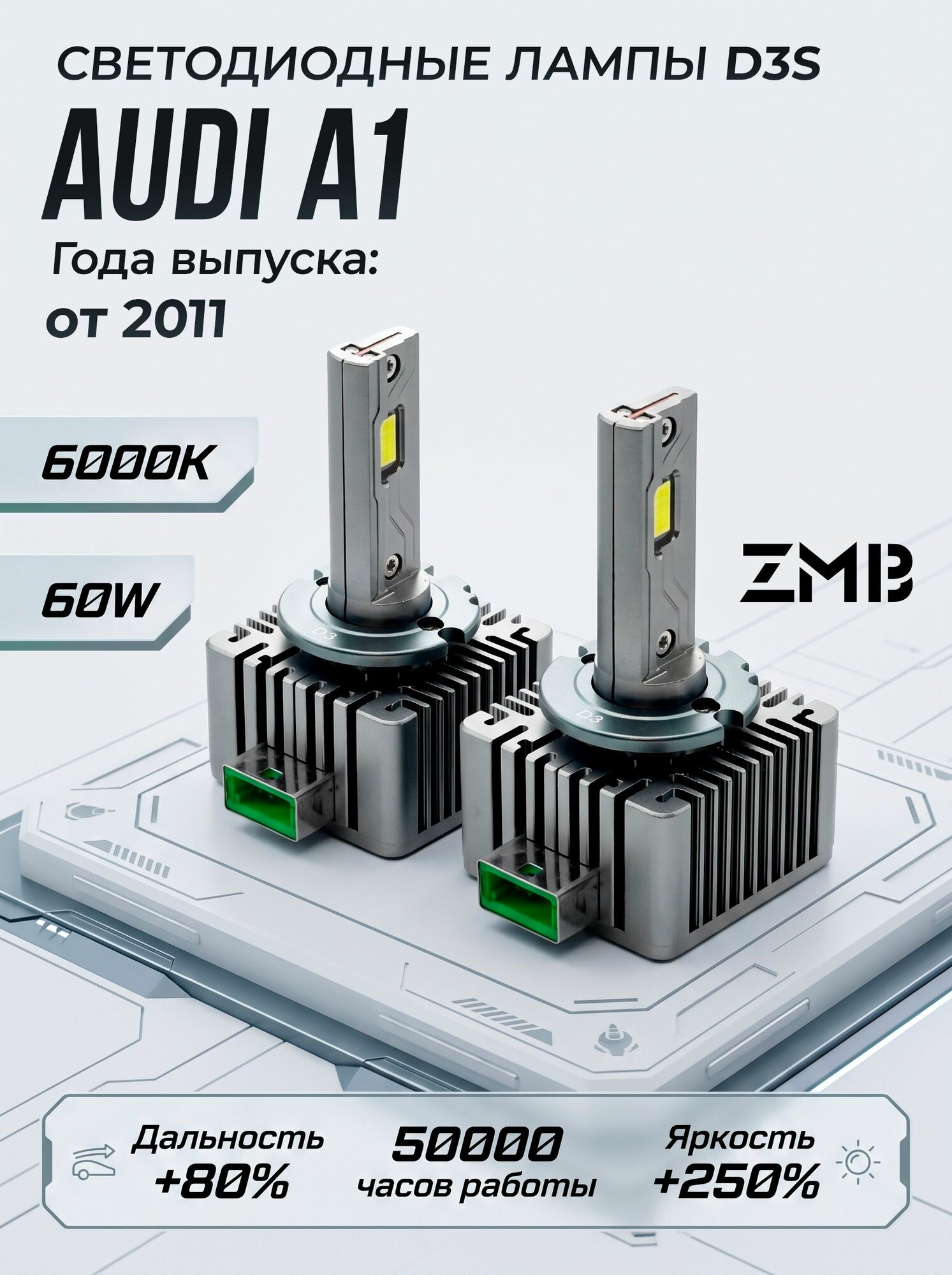 Светодиодные лампы ZMB D3S/R LED 60w на Audi A1 от 2011 / замена штатных ксеноновых ламп Д3C для Ауди A1