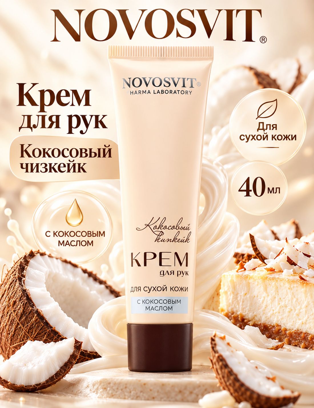 Novosvit Крем для рук с кокосовым маслом для сухой кожи "Кокосовый чизкейк", 40мл