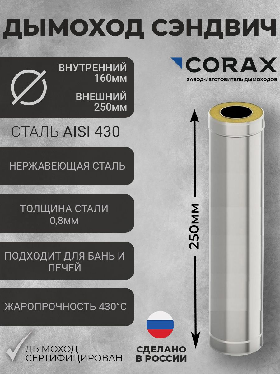 Труба утепленная для дымохода Ф160х250 (430/0,8х430/0,5) CORAX Д-250мм