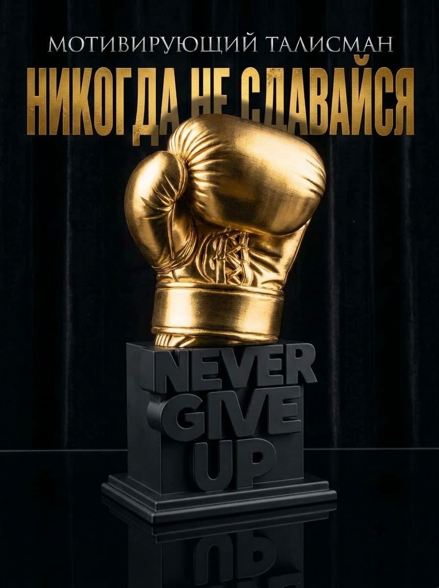 Кубок-талисман "Никогда не сдавайся", Never Give Up, мотивирующая статуэтка, пластик под золото, 20 см