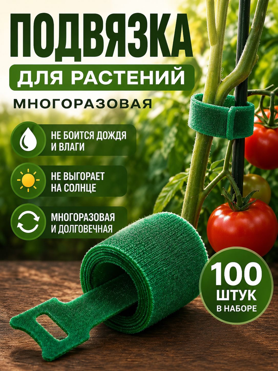 Подвязка для растений многоразовая 100 шт, садовая липучка 15 см, фиксаторы для томатов и огурцов