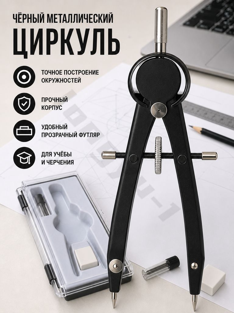 Чёрный металлический циркуль с разъёмным винтом и запасными грифелями