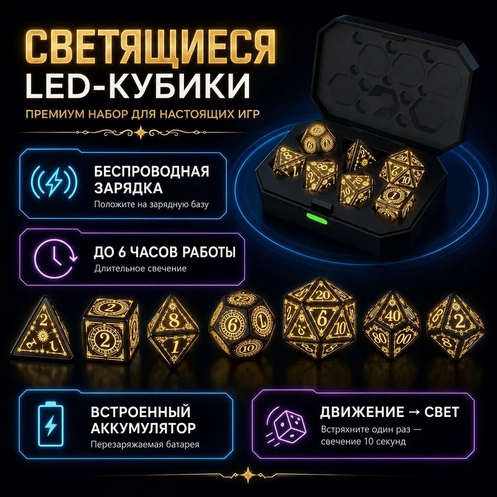 Перезаряжаемые светящиеся игральные кости DND с зарядным чехлом, набор многогранников Dungeons and Dragons для настольных игр I D&D Dice MTG Explorer Дайсы для днд