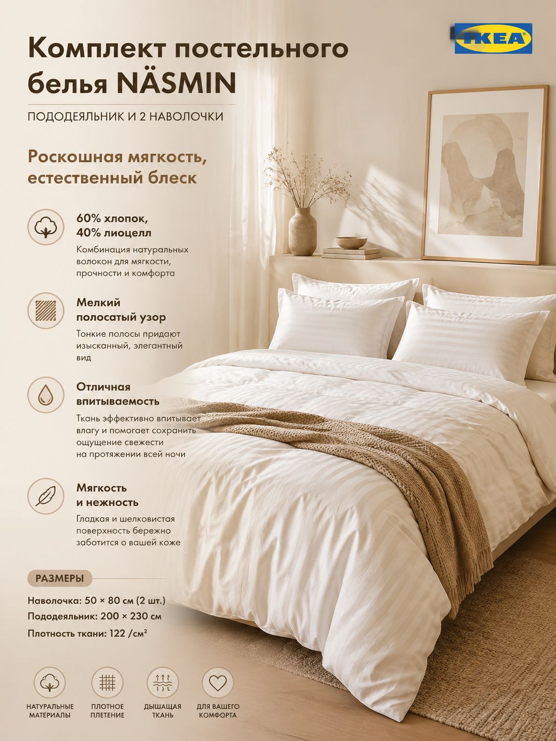 IKEA Комплект постельного белья 2-спальный хлопок 200x230 см, наволочки 50x80, цветбелый