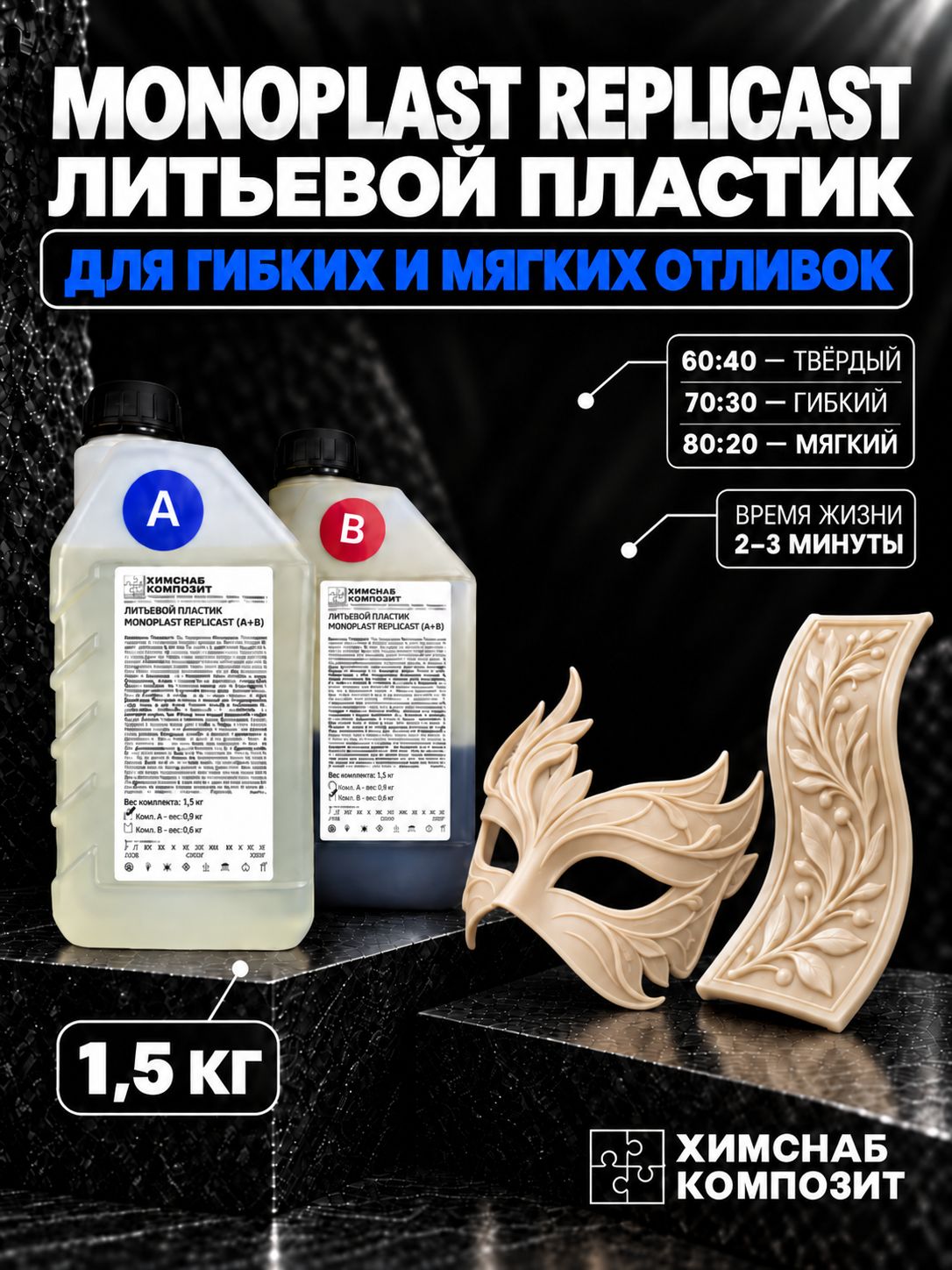 Жидкий пластик для творчества Monoplast Replicast 1,5 кг, твердый, гибкий, мягкий