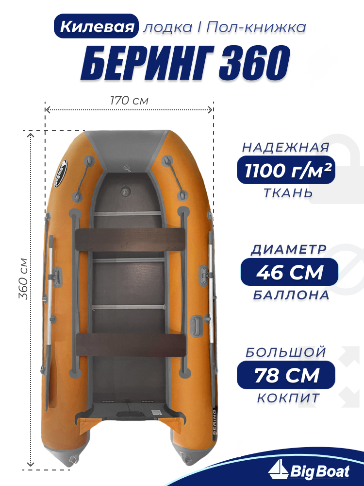 Надувная, под мотор, килевая лодка из ПВХ для рыбалки Bering (Беринг) 360К пол-книжка