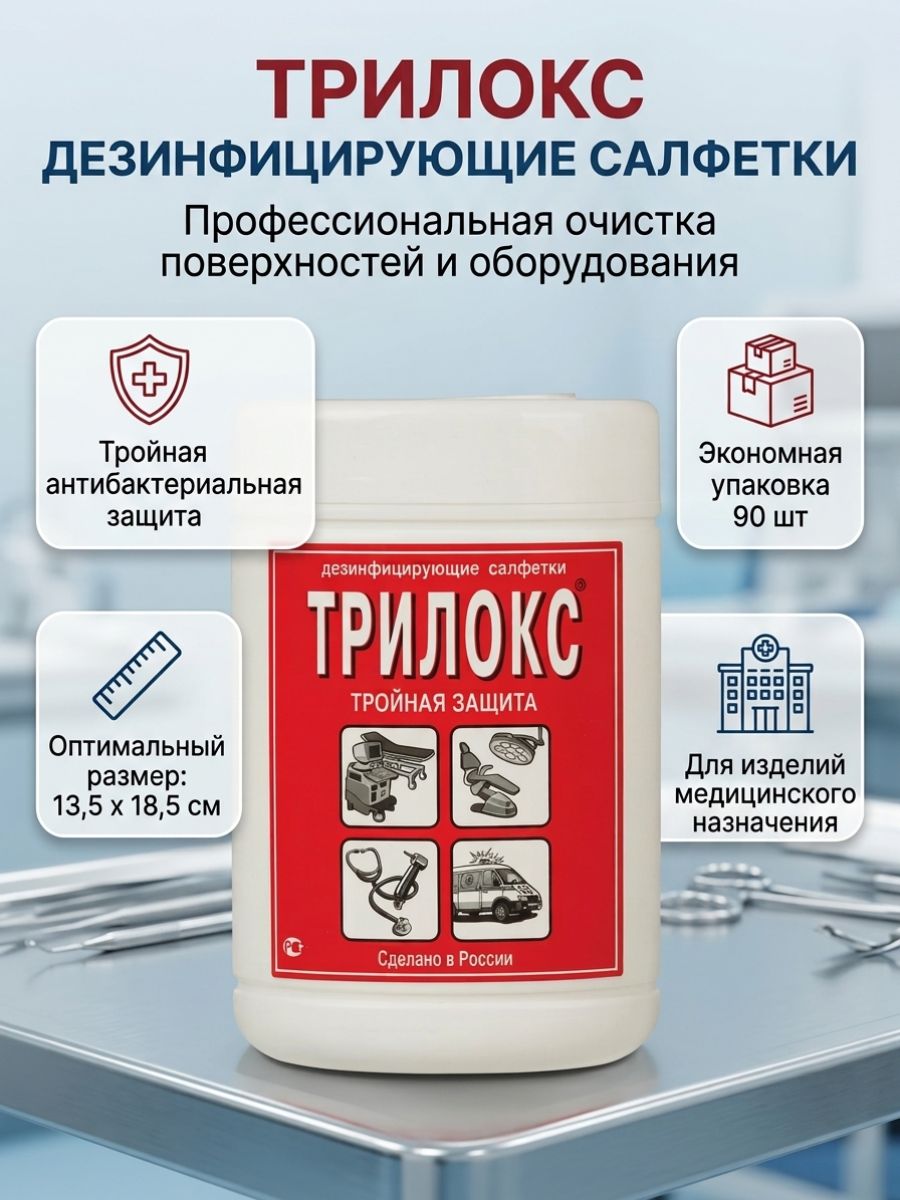 Салфетки дезинфицирующие влажные Трилокс Бозон антибактериальные одноразовые чистящие салфетки для уборки поверхностей и приборов спиртовые медицинские, 90 штук банка с пластиковым клапаном