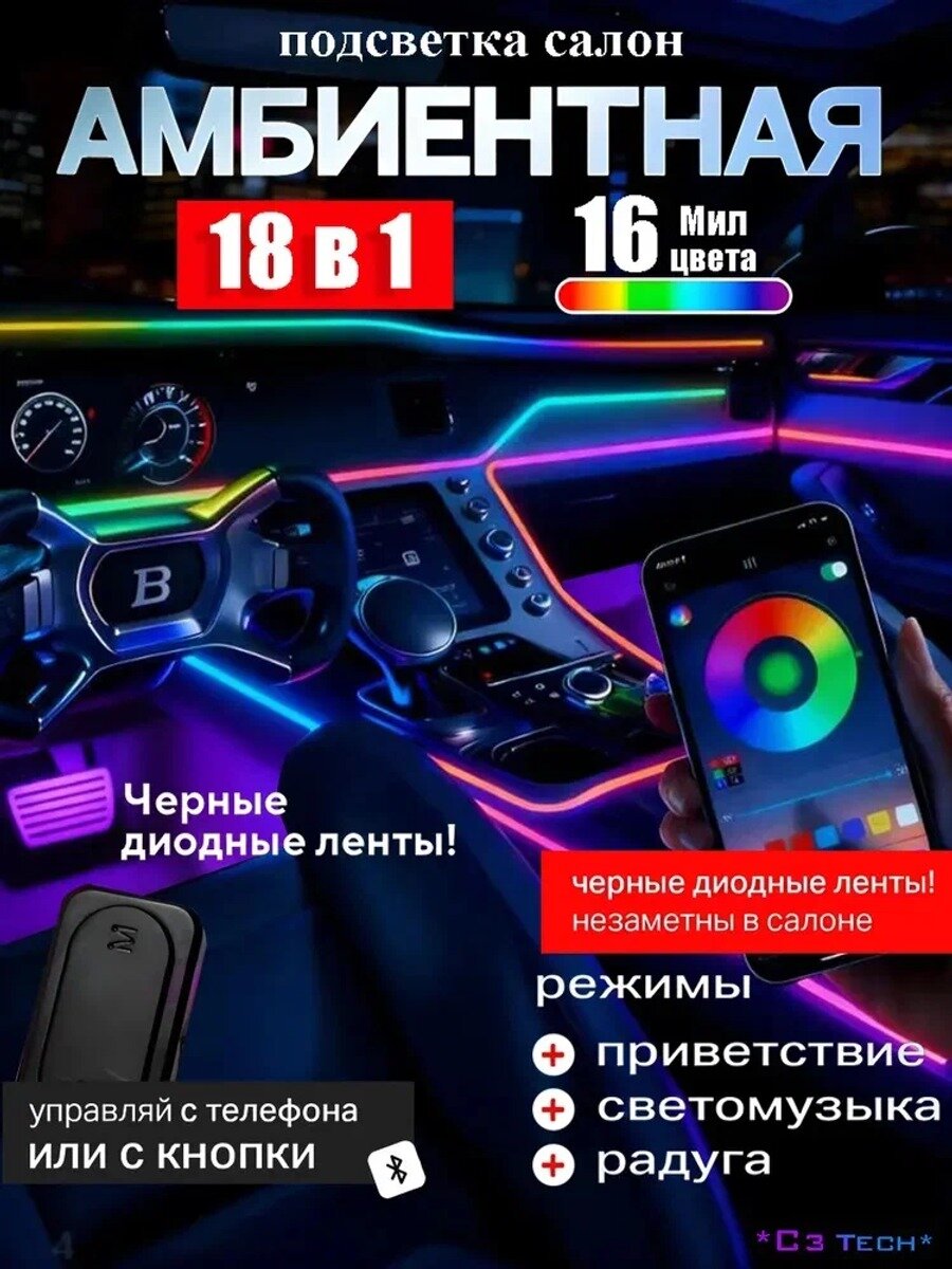 KNOW EASY-Черная контурная подсветка в салон авто Ambient Light 18в1