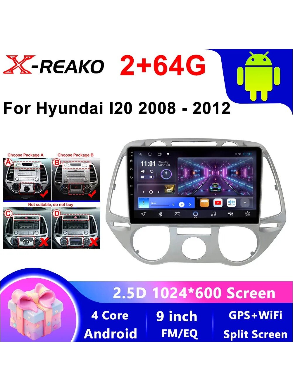 Автомагнитола X-REAKO для Hyundai i20 2008-2012, 9 дюймов, 2 DIN, Android, 2/64 ГБ