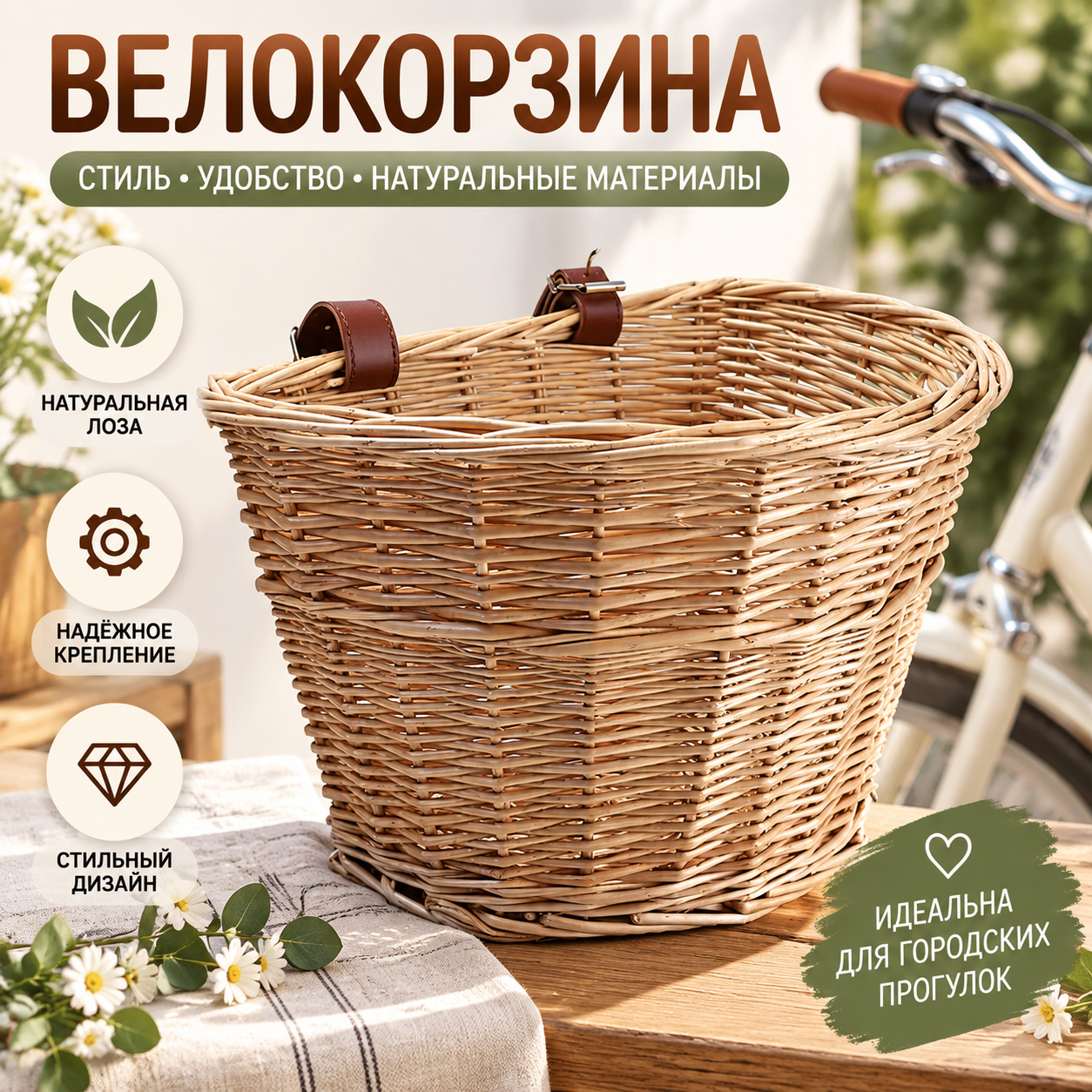 Велосипедная плетеная корзина из ротанга, D-образная, винтажная, с ремнями, для горного велосипеда, 36×26×22 см