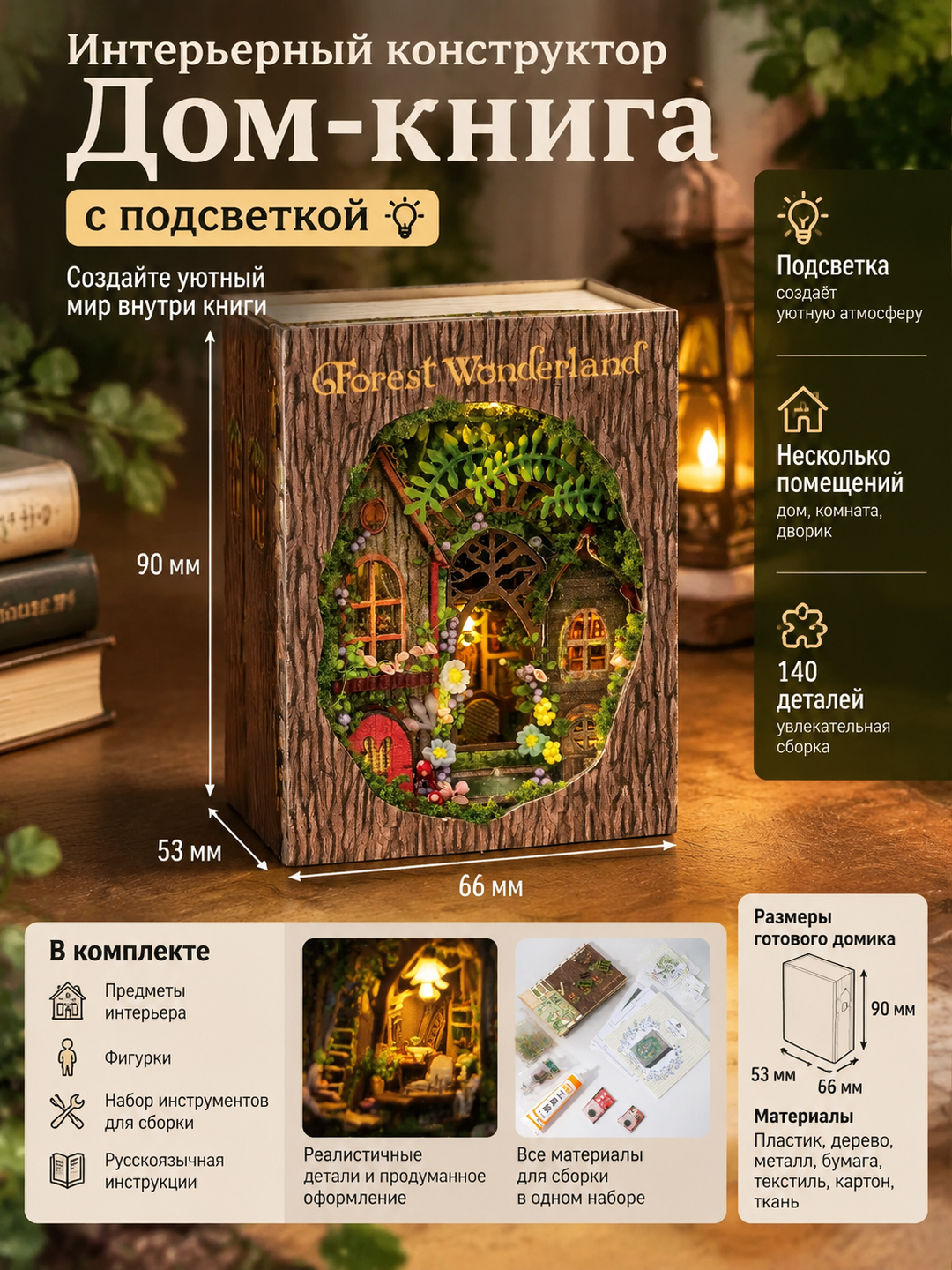 Интерьерный конструктор «Дом-книга» с подсветкой, 140 деталей, 66×53×90 мм