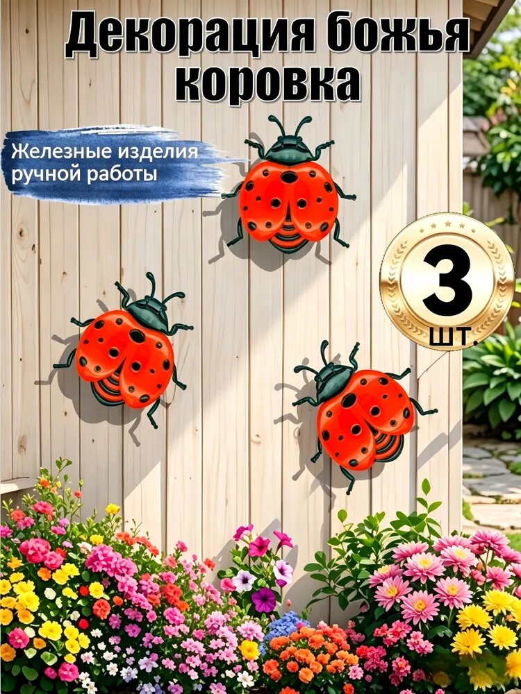 3шт. Металлический декор для стен в виде божьей коровки, Яркое украшение для сада и дачи, наружные декоративные элементы