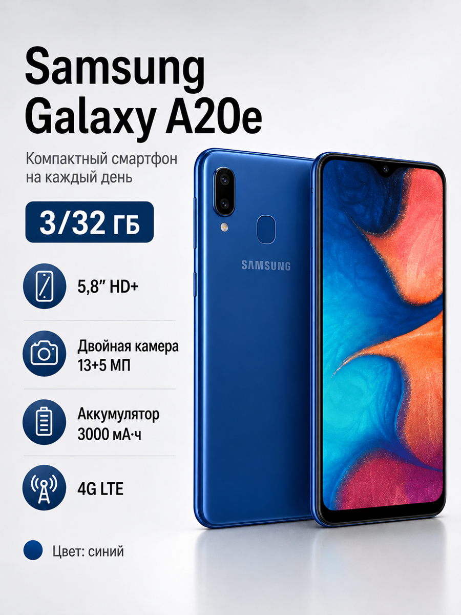 Смартфон Samsung Galaxy A20e,3/32 ГБ, NFC, 4G LTE, синий (A20E-A202F)