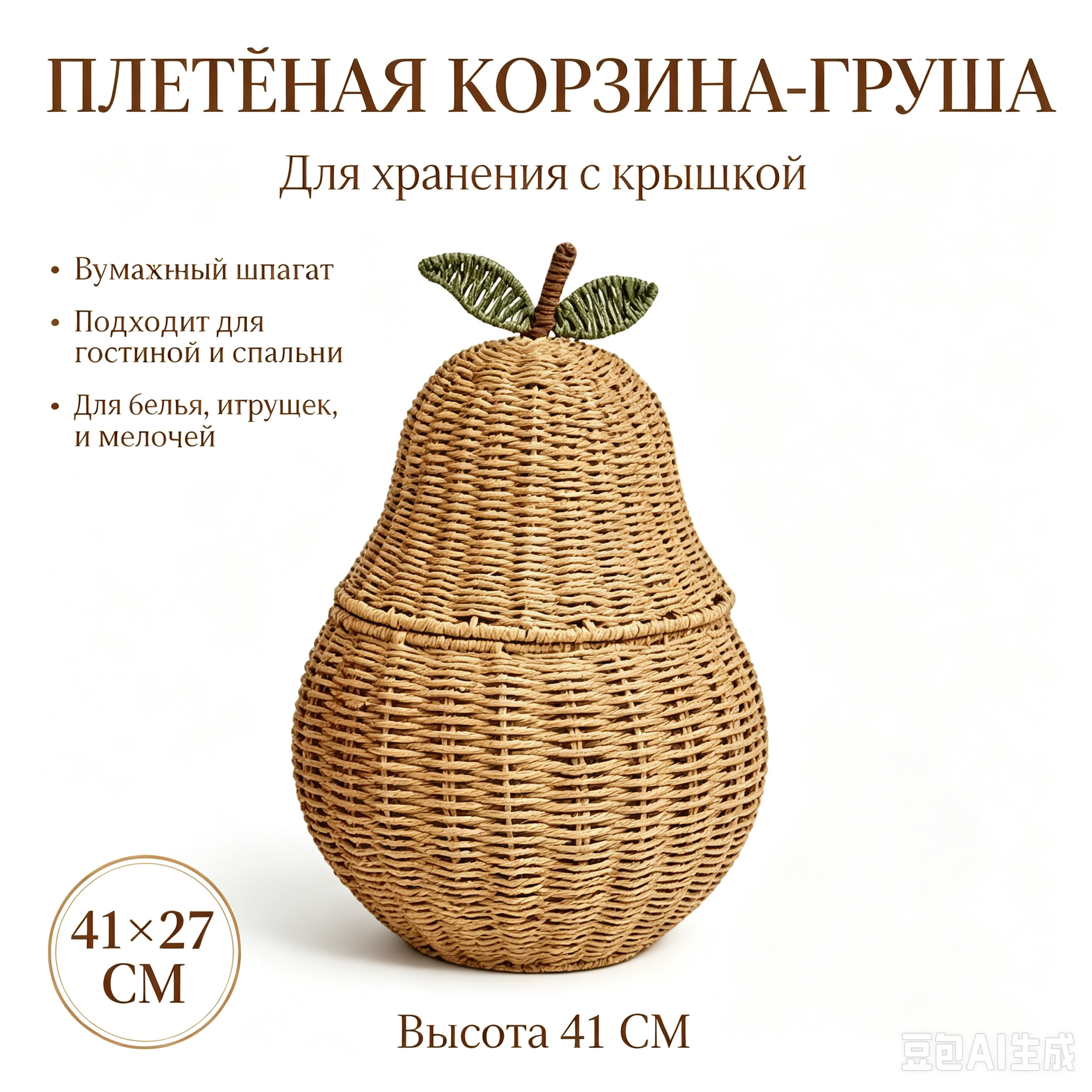 Корзина для хранения с крышкой, грушевидной формы, перевязанная бумажным шпагатом, гостиная и спальня, 41x27 см