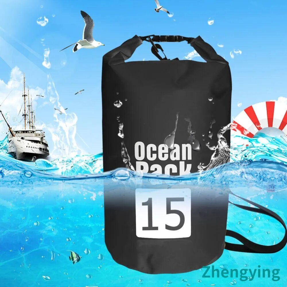 Водонепроницаемая PVC-сумка "Ocean Pack" 15 л, чёрная, с плечевым ремнём