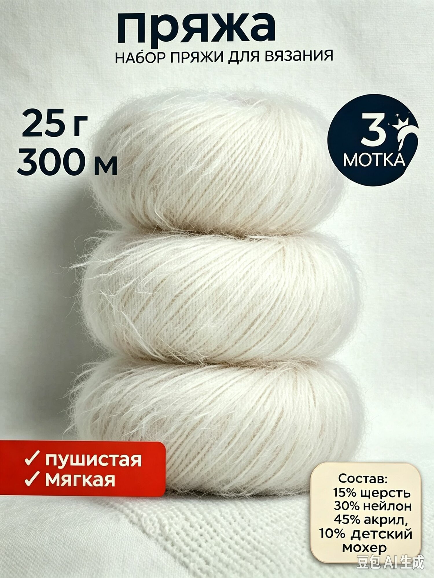 Хлопковая пряжа Лебяжий Пух 3 штуки B1