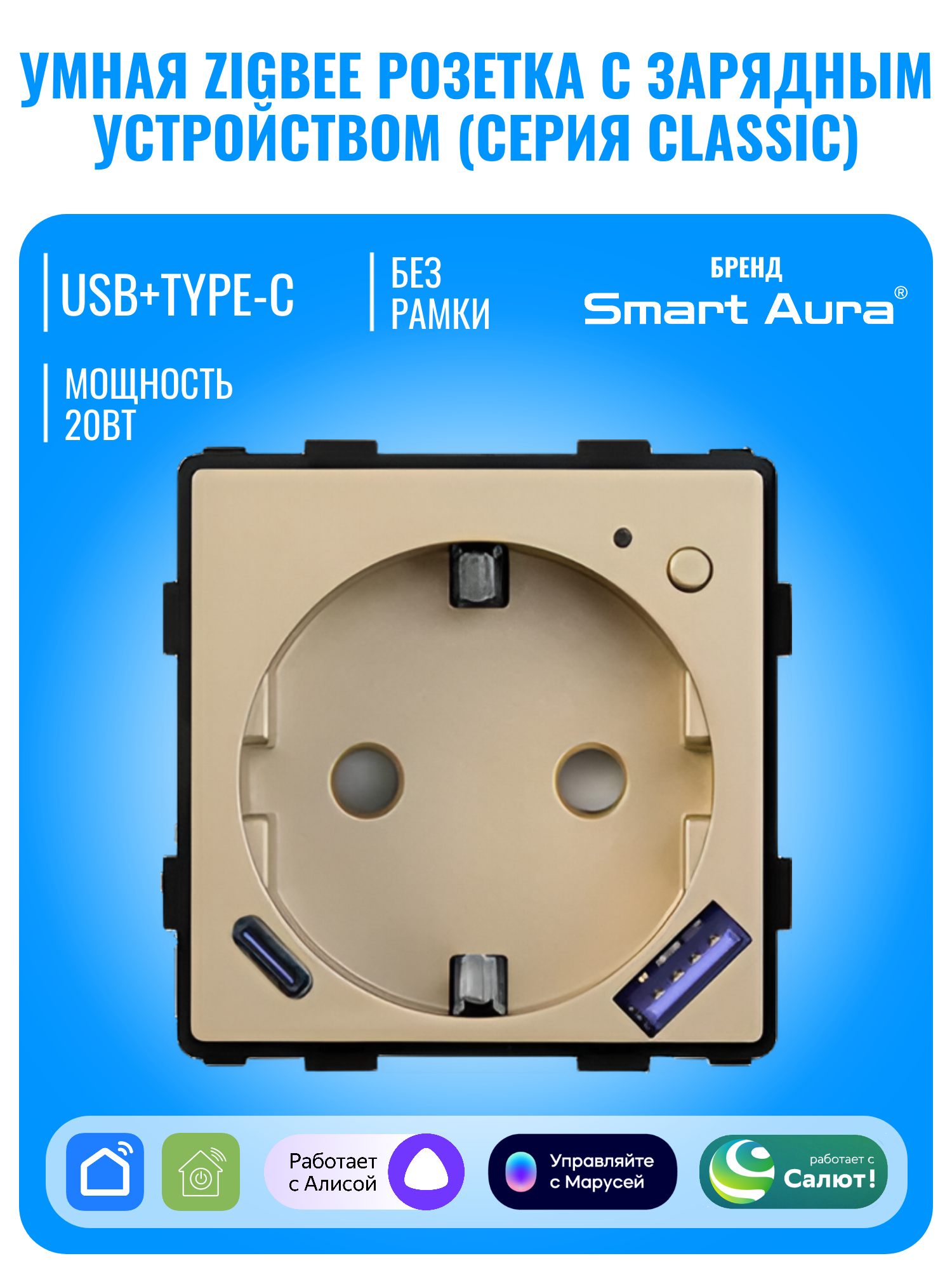 Умная ZigBee розетка с зарядным устройством USB и Type-C Smart Aura серия Classic без рамки