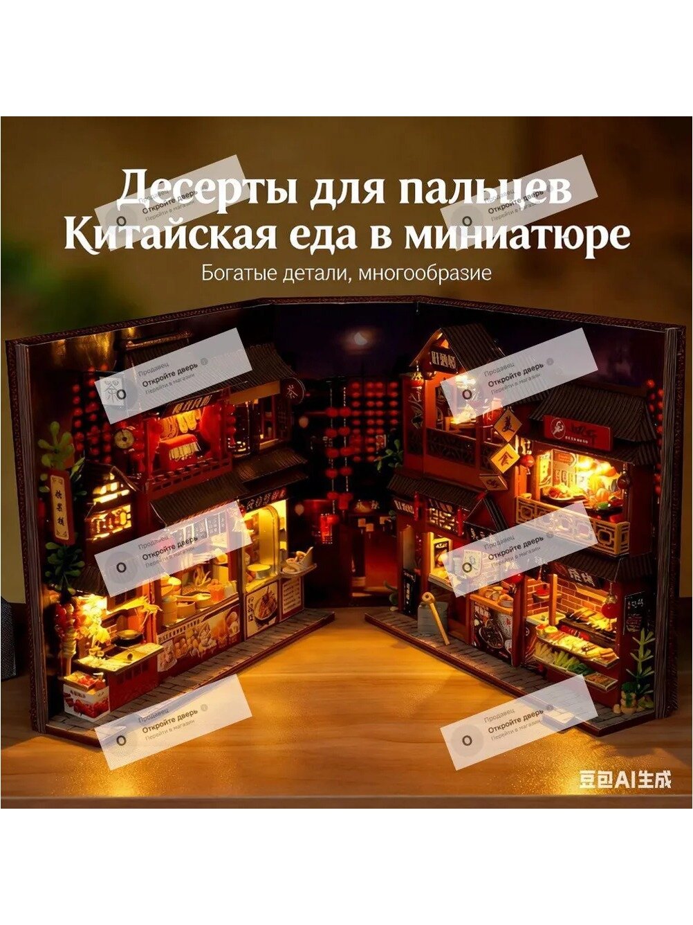 Румбокс конструктор Азиатский квартал с подсветкой, сборная модель 1/24, архитектура, клей в комплекте