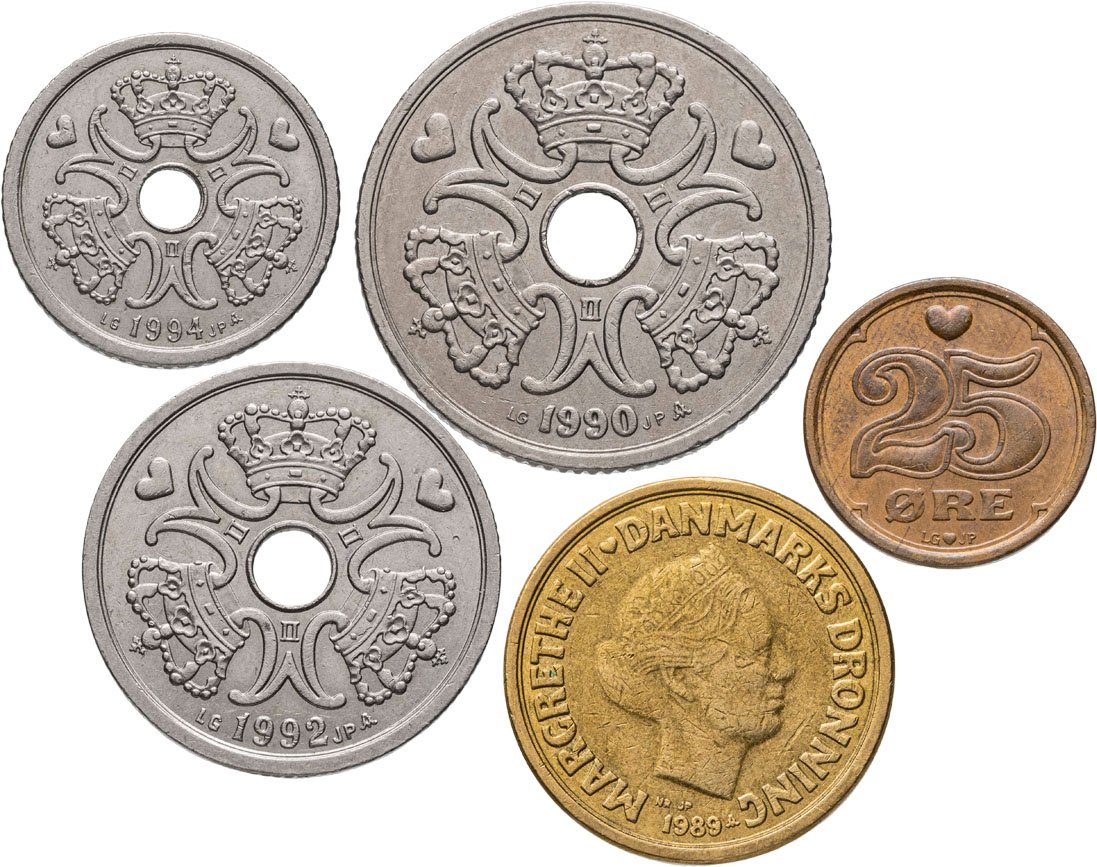 Дания, набор из 5 монет 1989-1994 25 эре, 1, 2, 5, 10 крон, Бронза, в сохранности AU