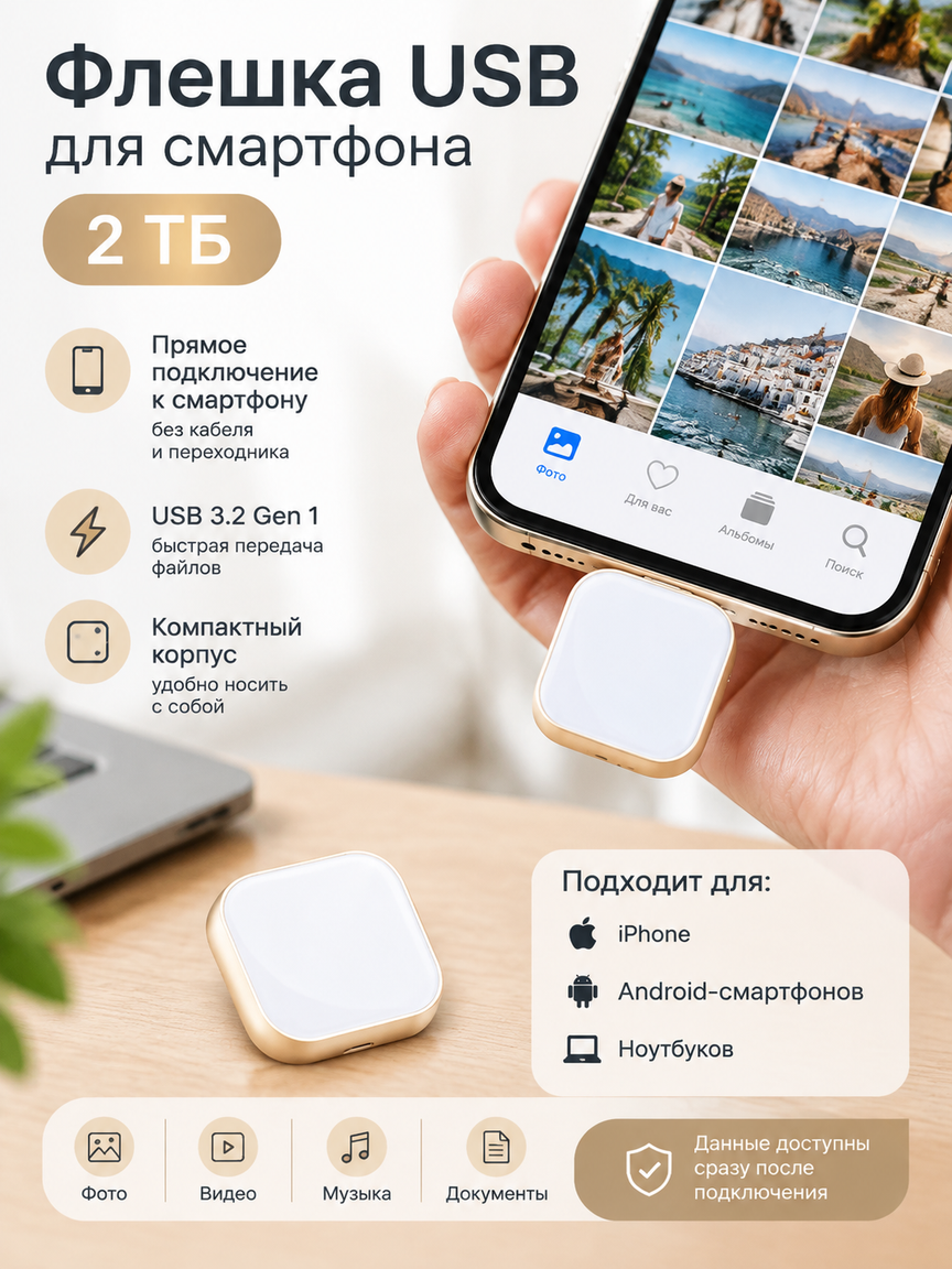 Флешка USB для смартфона, белая с золотым кантом, 2 ТБ, USB 3.2 Gen 1, компактный корпус