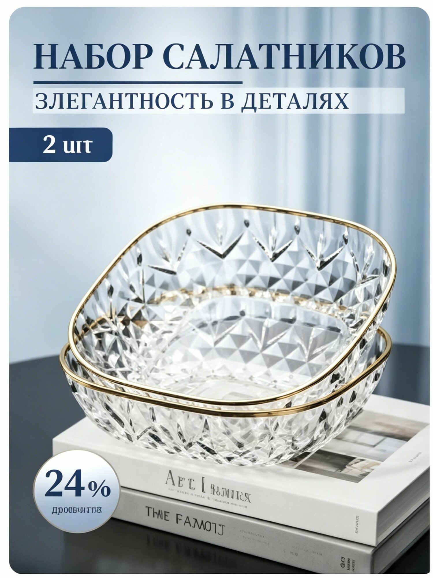 Прозрачная тарелка с золотой каймой 15 *15 см, 2 шт, для десертов и декора стола