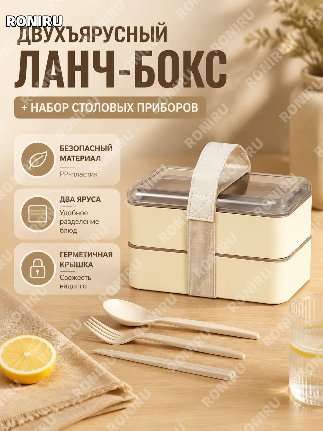 Двухслойный квадратный ланч-бокс для обеда с контейнером и столовыми приборами PP, набор для еды в офис и дома