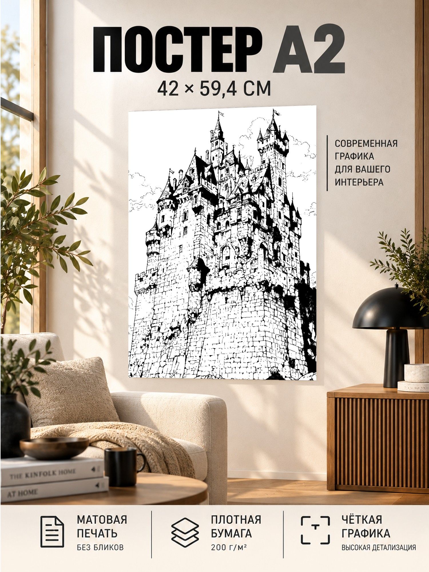 Постер Готический каменный замок , черно-белая графика, А2 (42 59 см)