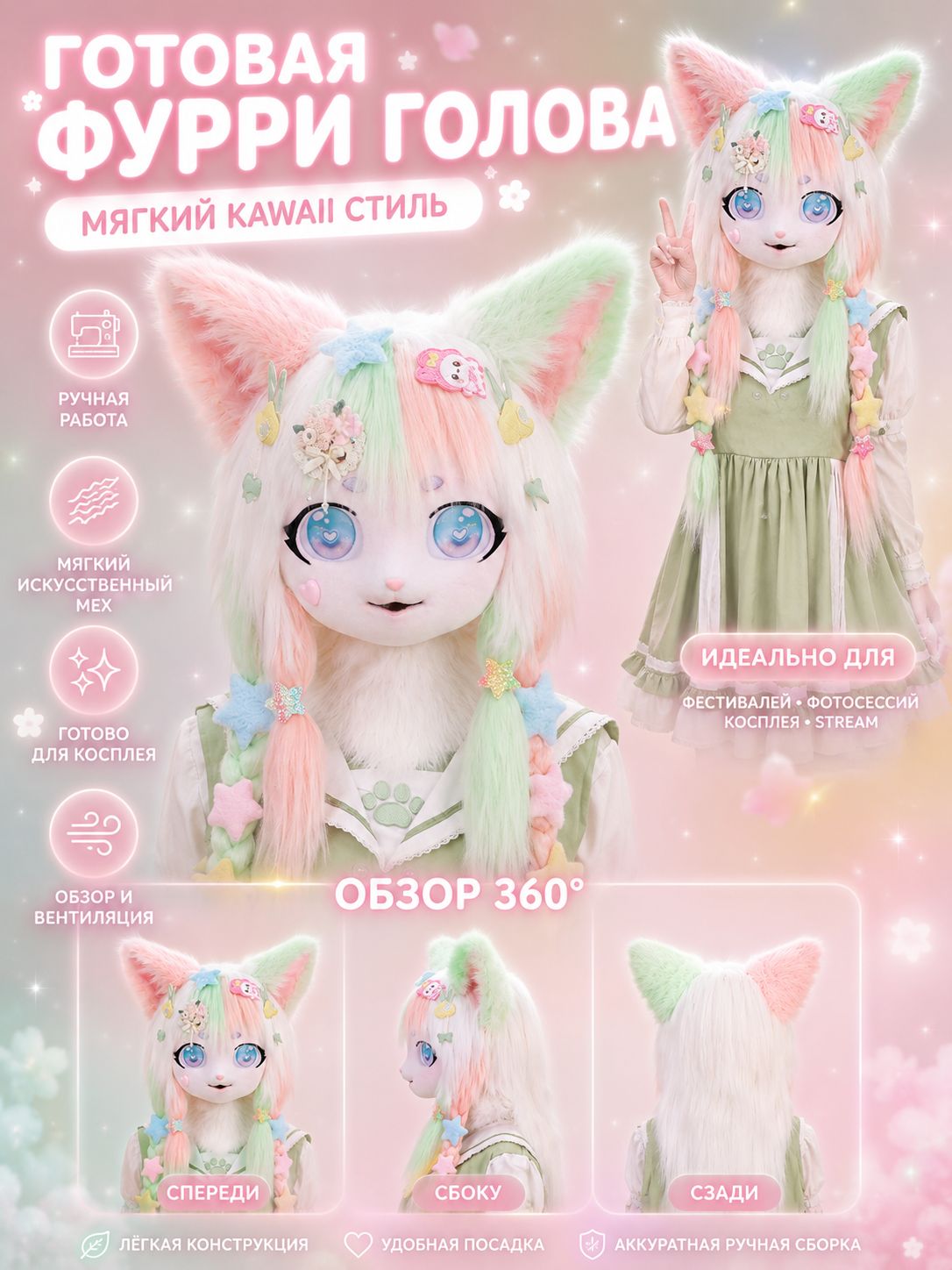 Фурри голова аниме косплей, kawaii маска кошки из искусственного меха для фотосессий и фестивалей