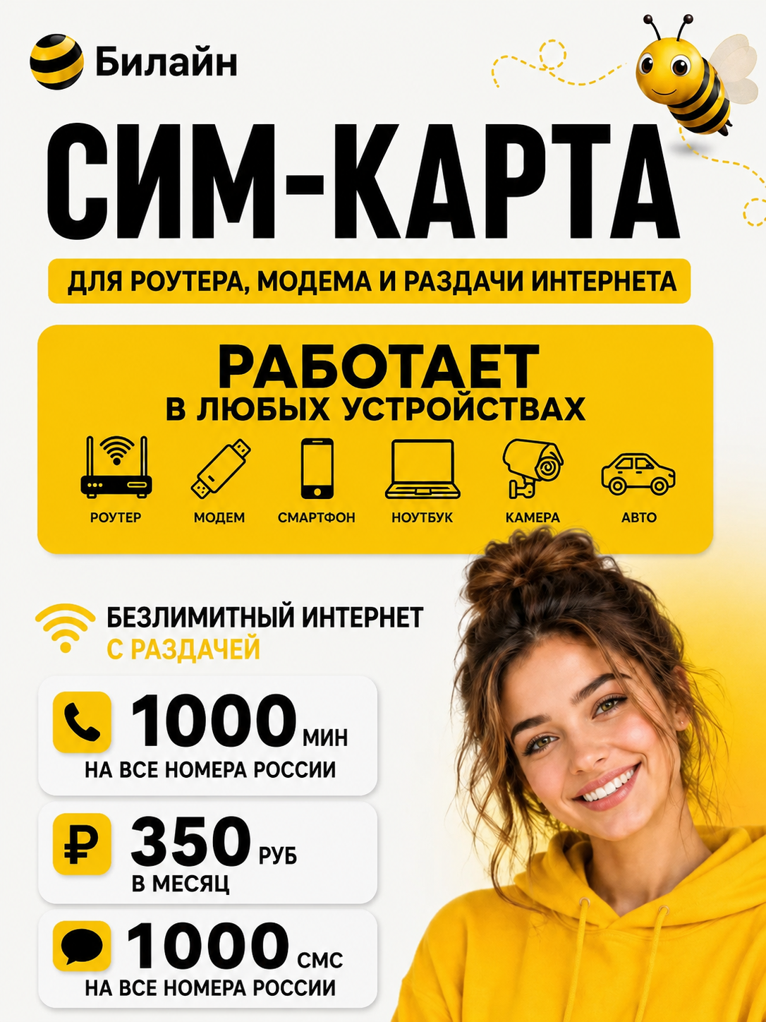 Сим карта Билайн, безлимитный интернет 4G, для модема и роутера, раздача интернета, вся Россия